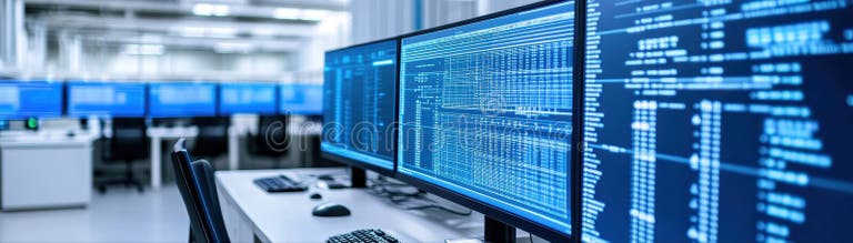 High Tech Modern Data Center with Multiple Large Computer Monitors ...