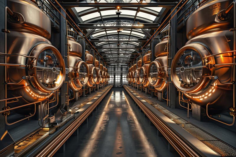 High-tech Modern Distillery Whisky Still Room, Filled with Large Rows ...