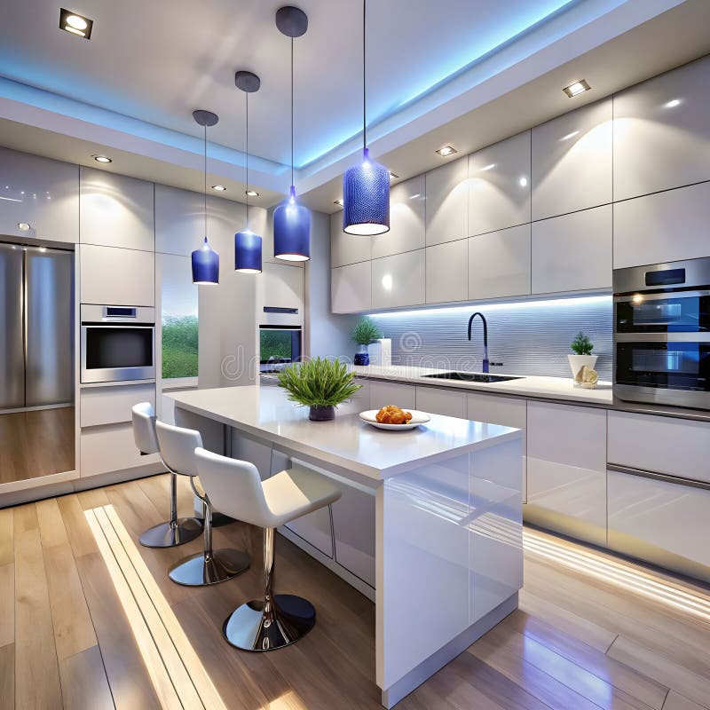 A High Tech Modern Kitchen with Glossy White Cabinets and Stylish ...