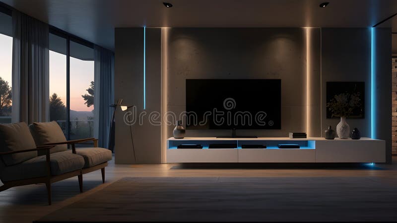 High-tech Modern Living Room with a Sleek Media Console and Ambient LED ...