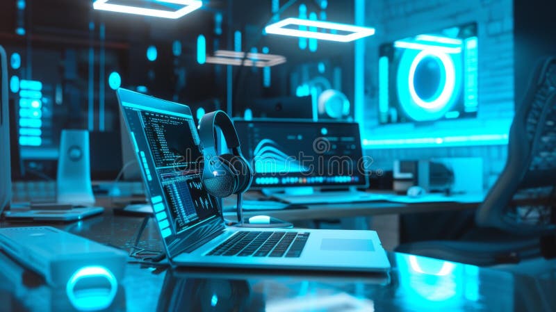 High-Tech Modern Workspace with Laptop and Headphones - Generative AI ...