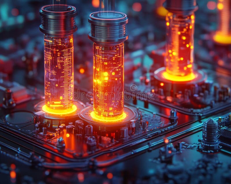 High Tech Molecular Research Setup with Glowing Liquid in Tubes Stock ...