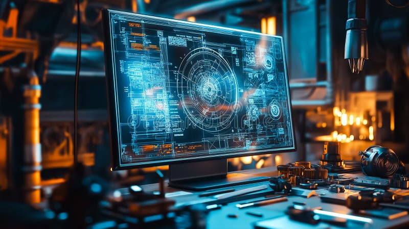 High-tech Monitor Showcasing Detailed Schematics and Data in a Dimly ...