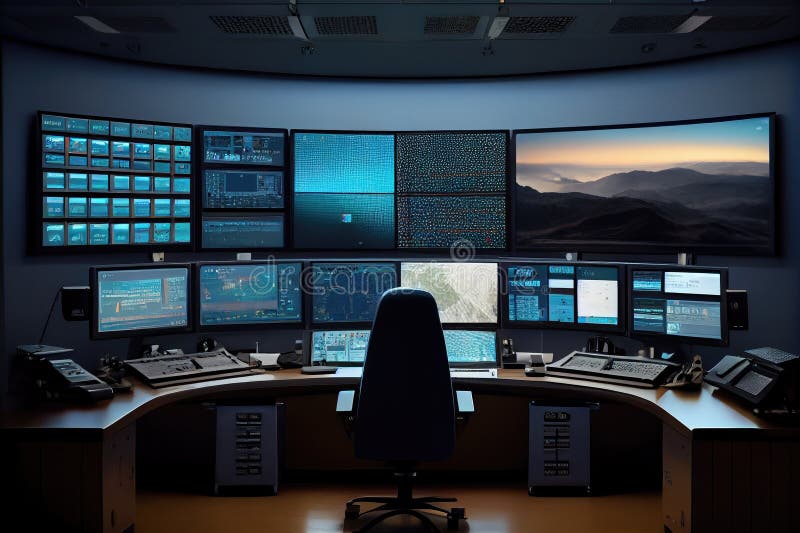High-tech Monitoring Room, with Multiple Monitors and Security Cameras ...