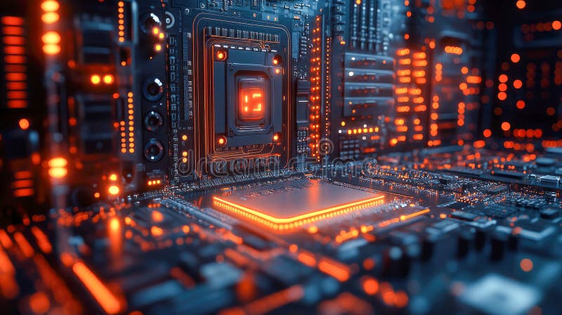 High-tech Motherboard Close-up, Illuminated by Glowing Lights ...