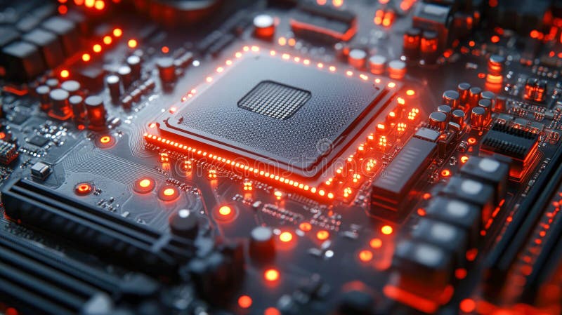 High-tech Motherboard Close-up, Illuminated by Glowing Lights ...