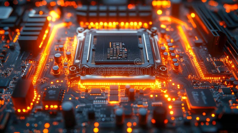 High-tech Motherboard Close-up, Illuminated by Glowing Lights ...
