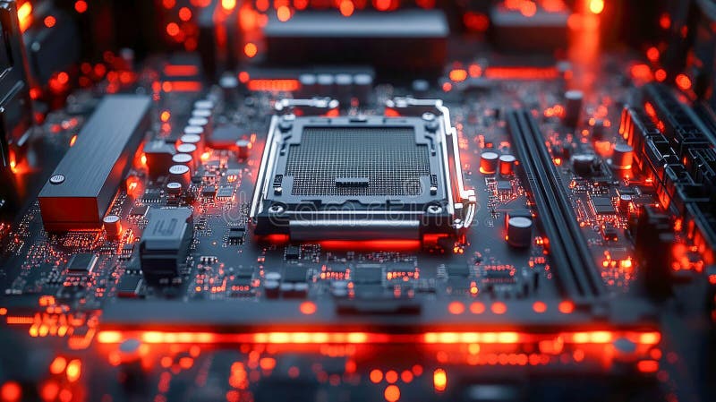 High-tech Motherboard Close-up, Illuminated by Glowing Lights ...
