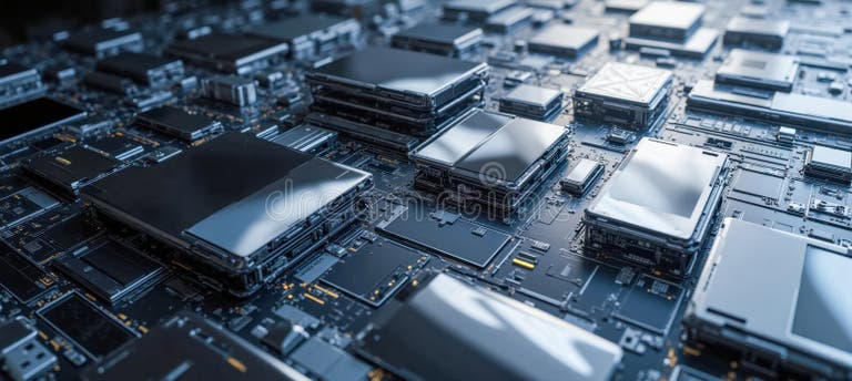 High Tech Motherboard Closeup with Black and Silver CPU Chips Stacked ...