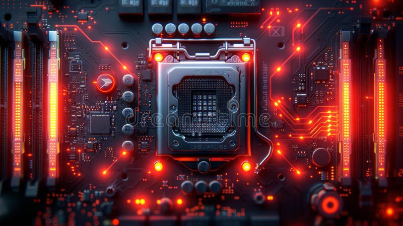 High-tech Motherboard with Glowing Red Circuits - Generative Ai Stock ...
