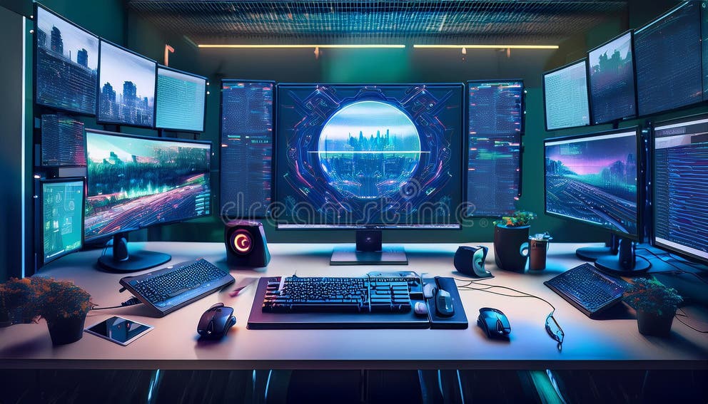 Multi-Monitor Workstation with Futuristic Interface and Coding Setup ...