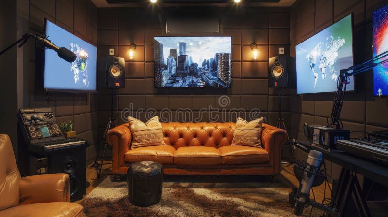 Modern Music Studio Room with Brown Leather Sofa. High-tech Sound ...