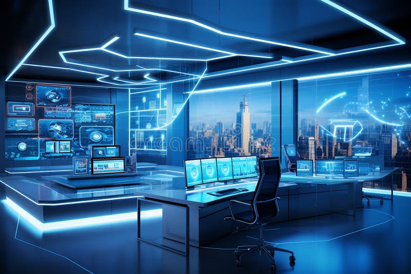 Futuristic Command Center Overlooking the City Stock Illustration ...