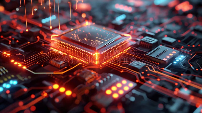 High-Tech Neon-Lit Digital Circuit Board with Glowing Elements Stock ...