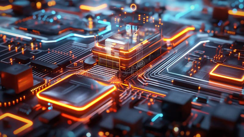 High-Tech Neon-Lit Digital Circuit Board with Glowing Elements Stock ...