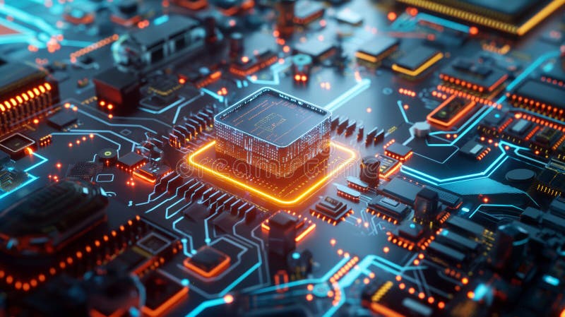 High-Tech Neon-Lit Digital Circuit Board with Glowing Elements Stock ...