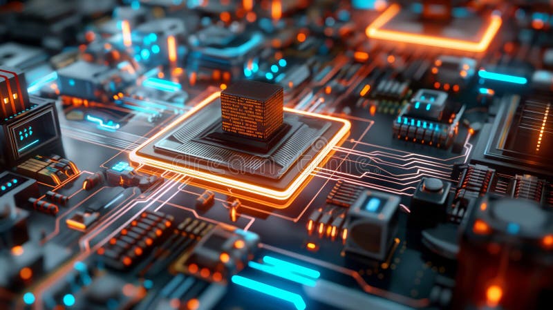 High-Tech Neon-Lit Digital Circuit Board with Glowing Elements Stock ...