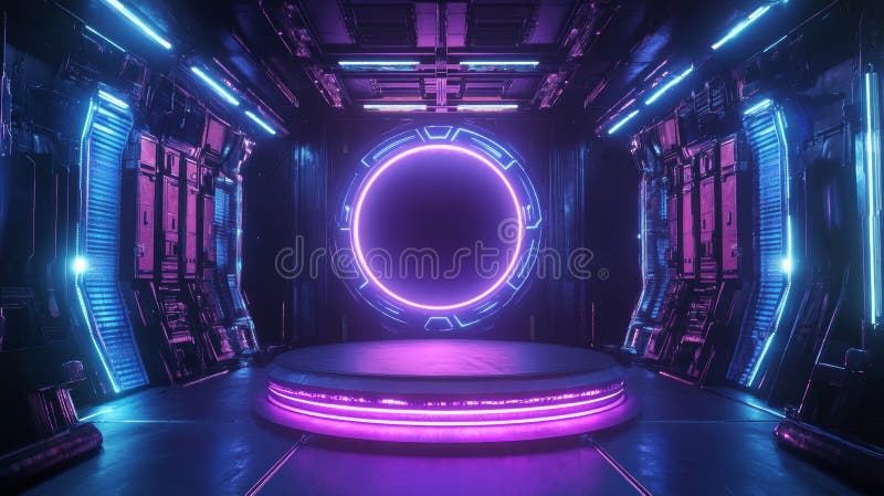A High-tech Neon Stage Setup with a Glowing Platform and Shining ...