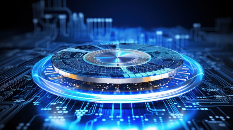 Futuristic Circuit Board with Glowing Blue Neon Lights Stock ...