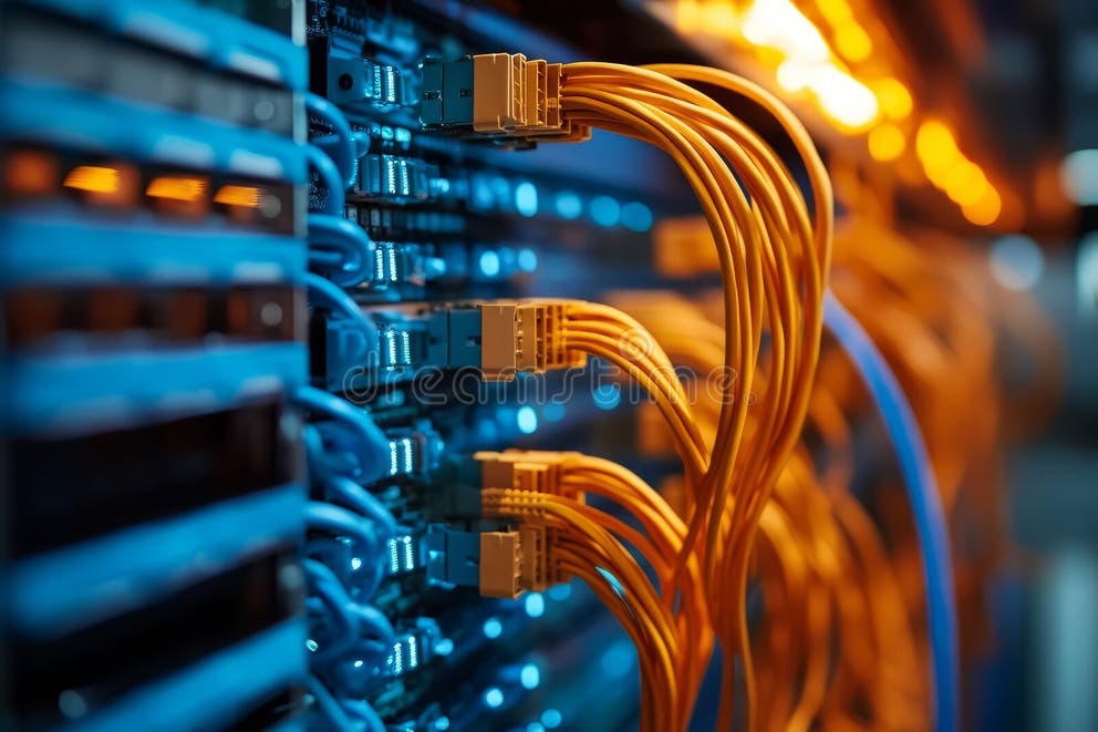 High Tech Network Infrastructure with Orange and Blue Cables Connected ...