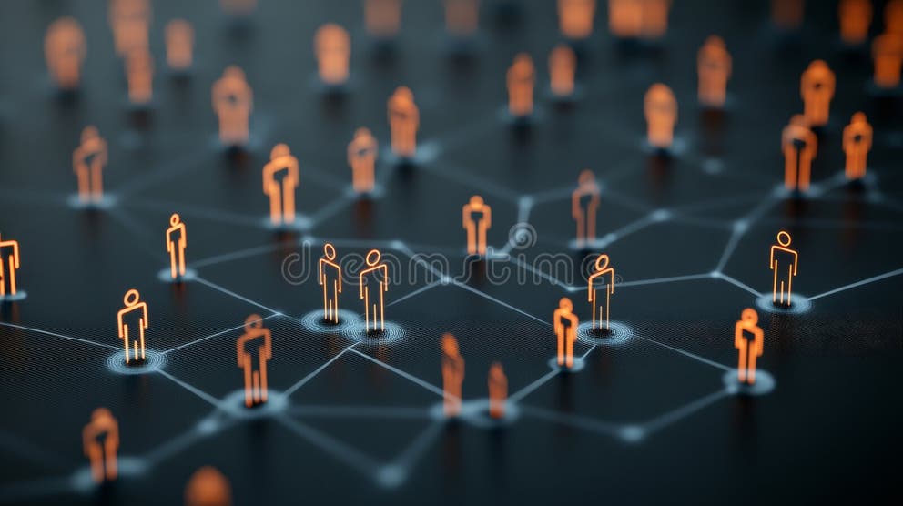High Tech Network Layout with Numerous Orange Human Figures Connected ...