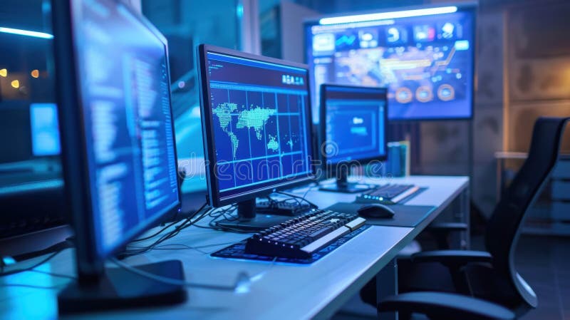 High-tech Network Operation Center with Multiple Computer Monitors Stock Illustration ...