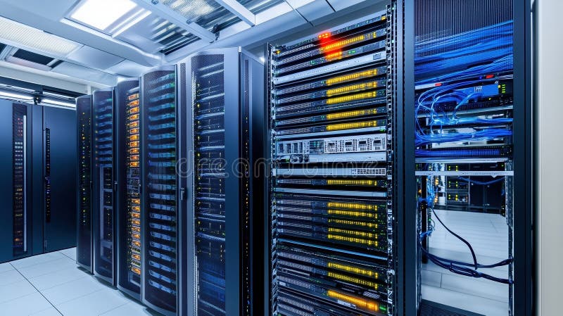 High-tech Network Rack Room Filled with Modern Servers and Firewalls ...