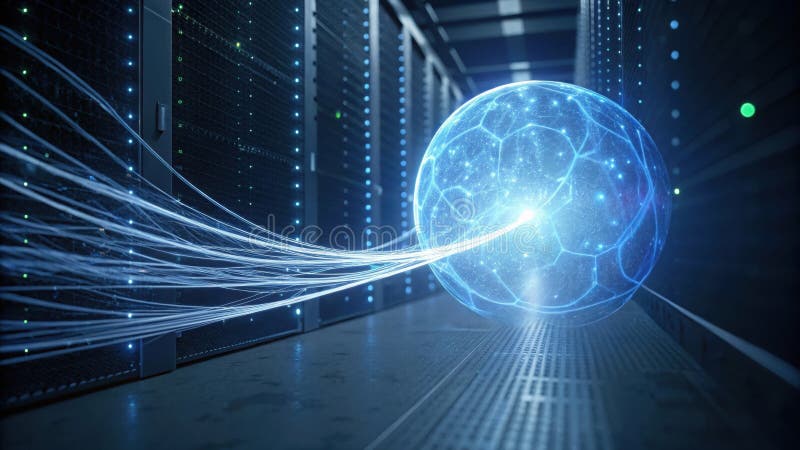 High-tech Network Server Featuring a Blue Sphere Emitting Glowing Data ...