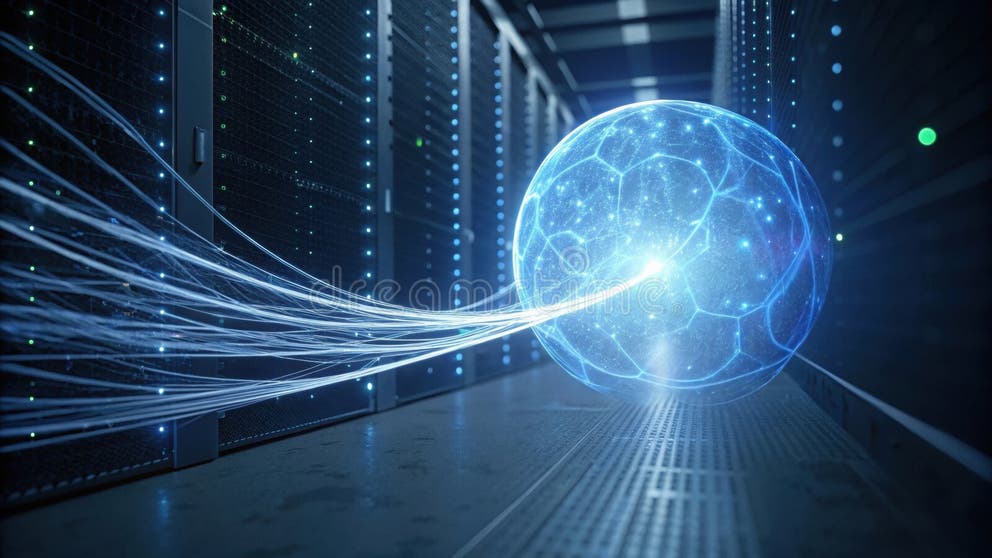 High-tech Network Server Featuring a Blue Sphere Emitting Glowing Data ...