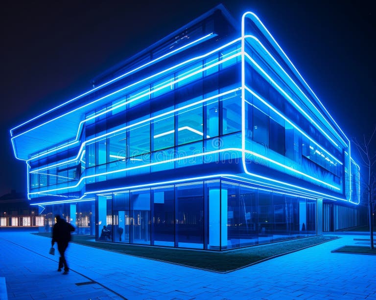 High Tech Night School Illuminated by Neon Blue Lights Stock ...
