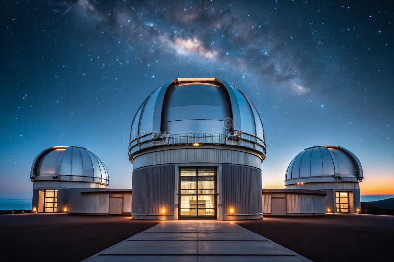 High Tech Observatory with Telescopes Under Starry Sky at Dusk. Modern ...