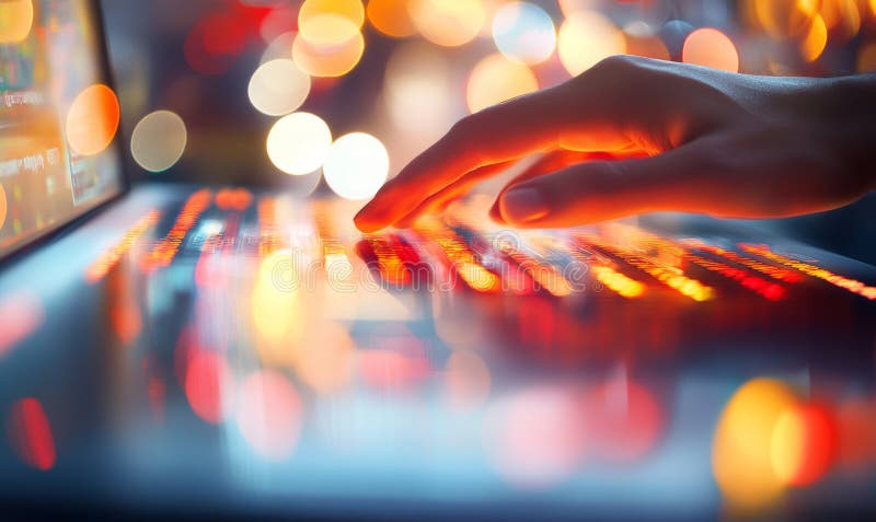 In a High-tech Office, a Focused Coder Types on a Laptop with Programming Code Overlaid ...