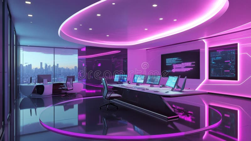 High-tech Office with Glossy Surfaces, Built-in Screens and Bright Neon ...
