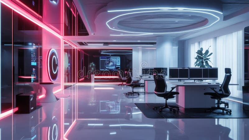 High-tech Office with Glossy Surfaces, Built-in Screens and Bright Neon ...