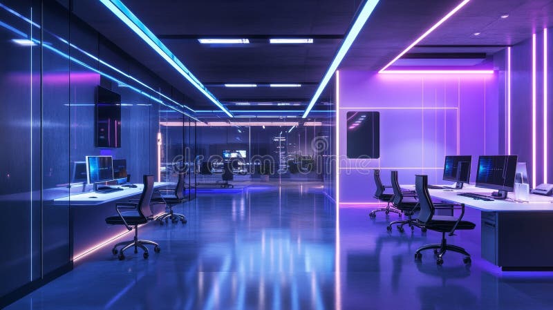 High-tech Office with Glossy Surfaces, Built-in Screens and Bright Neon ...