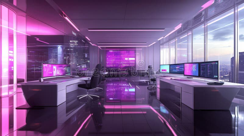 High-tech Office with Glossy Surfaces, Built-in Screens and Bright Neon ...