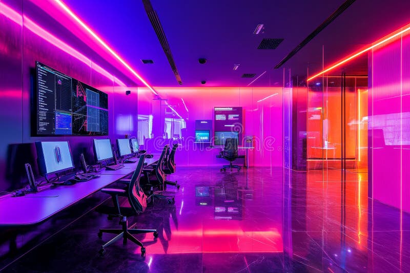 High-tech Office with Glossy Surfaces, Built-in Screens and Bright Neon ...
