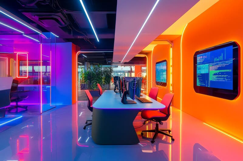 High-tech Office with Glossy Surfaces, Built-in Screens and Bright Neon ...
