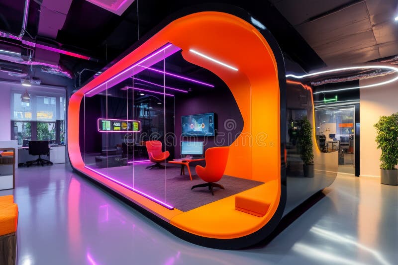 High-tech Office with Glossy Surfaces, Built-in Screens and Bright Neon ...