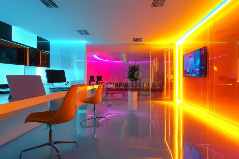 High-tech Office with Glossy Surfaces, Built-in Screens and Bright Neon ...