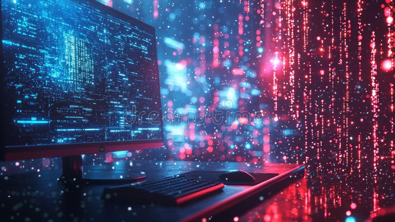 High-tech Office with Glowing Data Displays and Digital Interface Stock ...