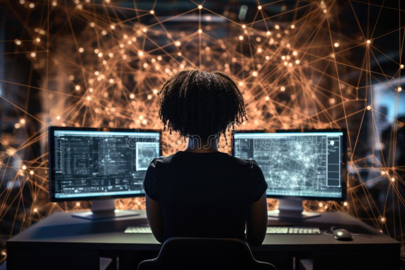 High Tech Office Illustration. a Woman Sits in Front of a Computer ...