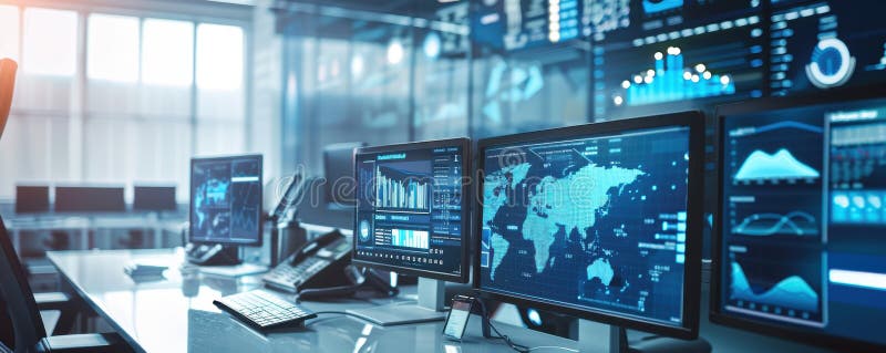 High-tech Office with Multiple Computer Monitors Displaying Data Analytics, World Maps, and ...