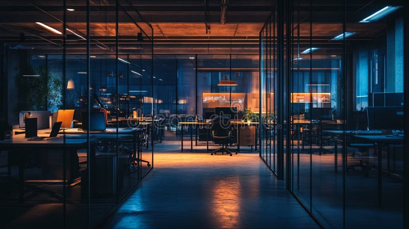 High-tech Office with Smart Lighting, Glass Dividers, and Modular Stock ...