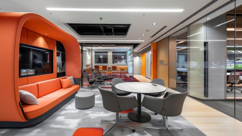 High-tech Office Space Featuring Private Orange Booths and Contemporary ...