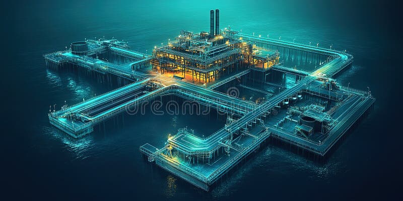 High-tech Offshore Oil Platform Illuminated at Night Over Calm Waters ...