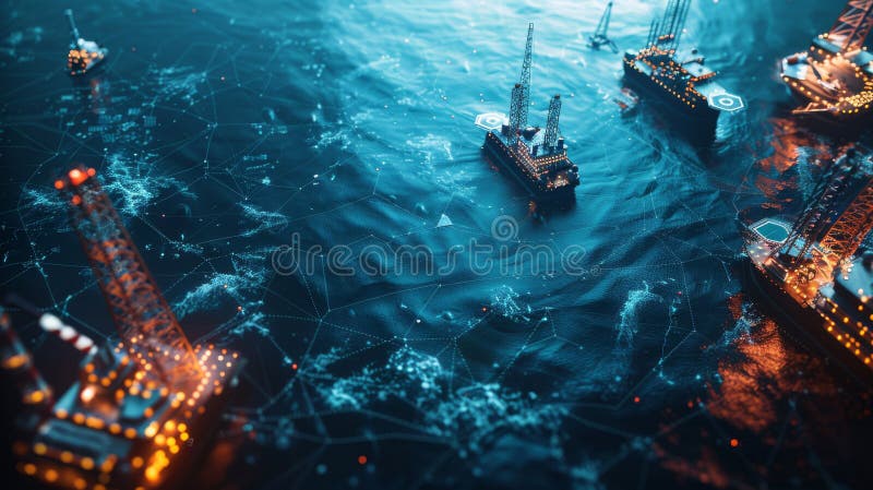 High-tech Offshore Oil Platforms Illuminated at Night with Digital ...