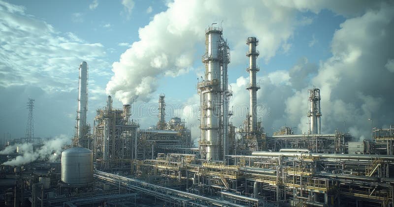 High-tech Oil and Gas Plant with Industrial Towers at Sunset Stock ...