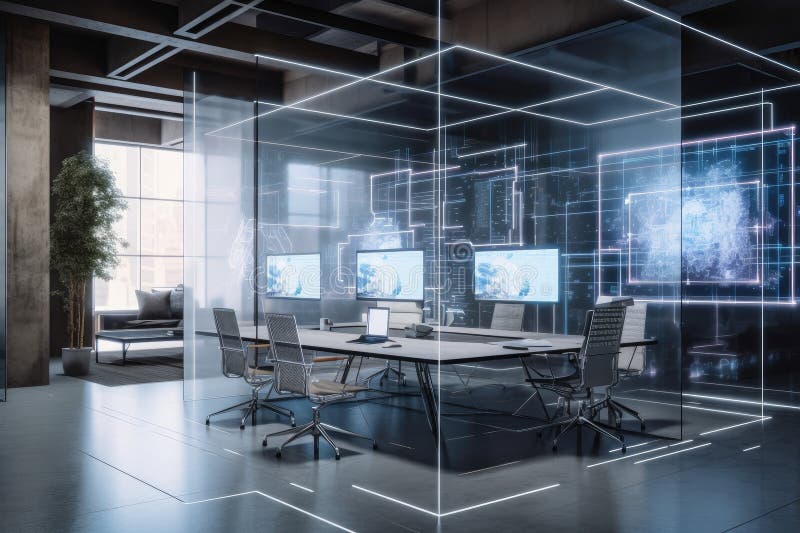 High-tech Open Office with Holographic Conference Room and Floating ...