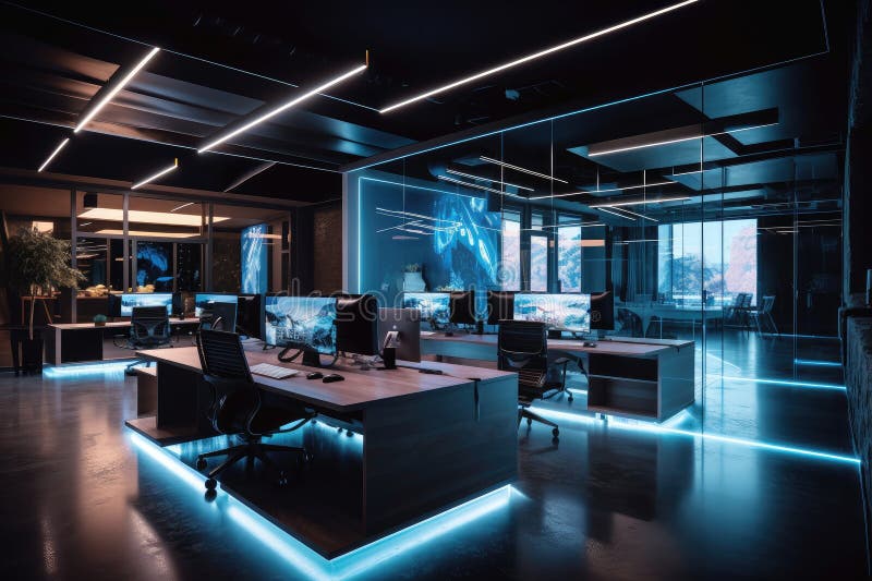 High-tech Open Office with Touchscreens, Holographic Displays, and 3d ...